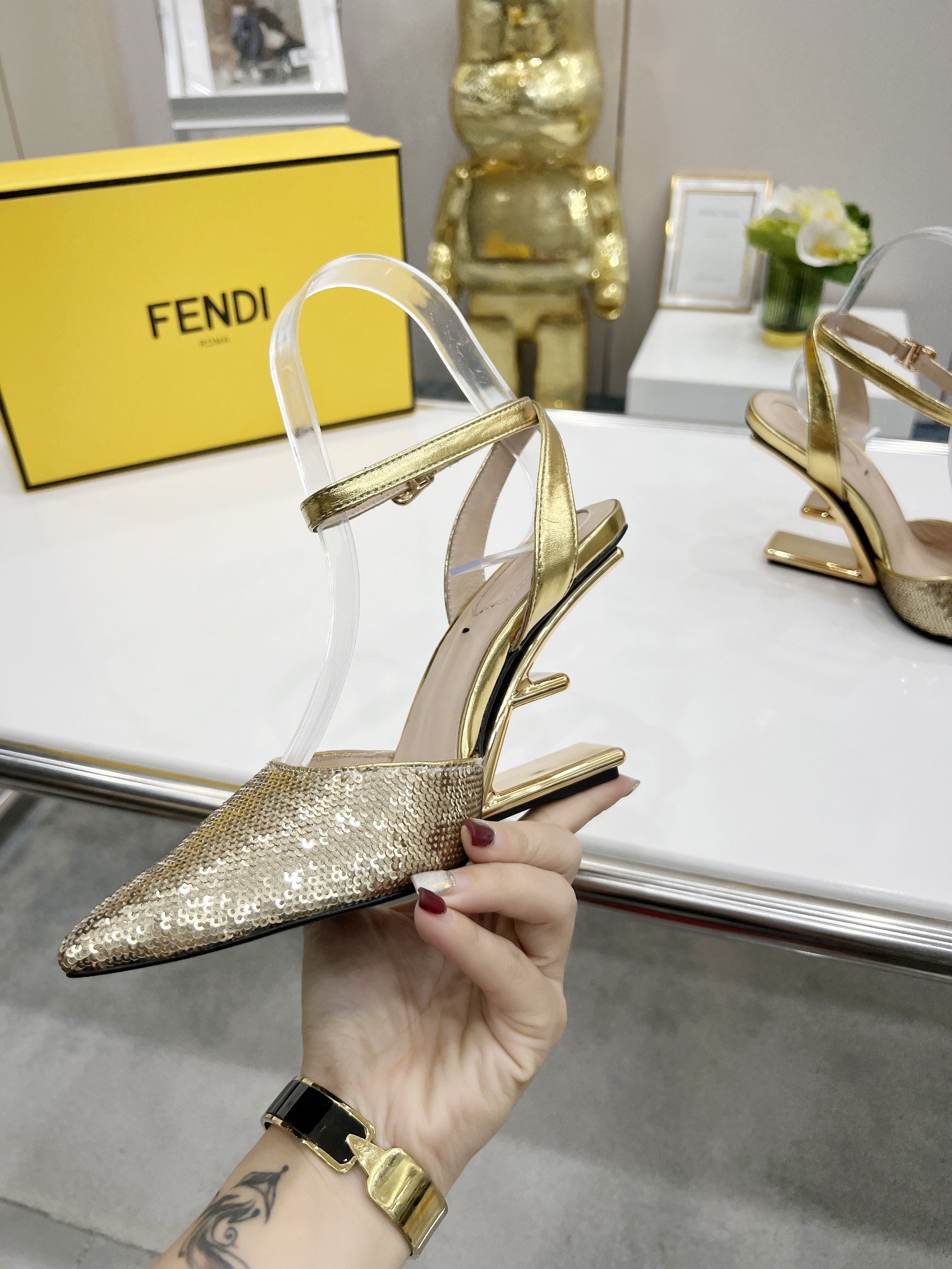 Fendi First Gold Glitter High-Heeled Slingbacks For Women - DAAXIO