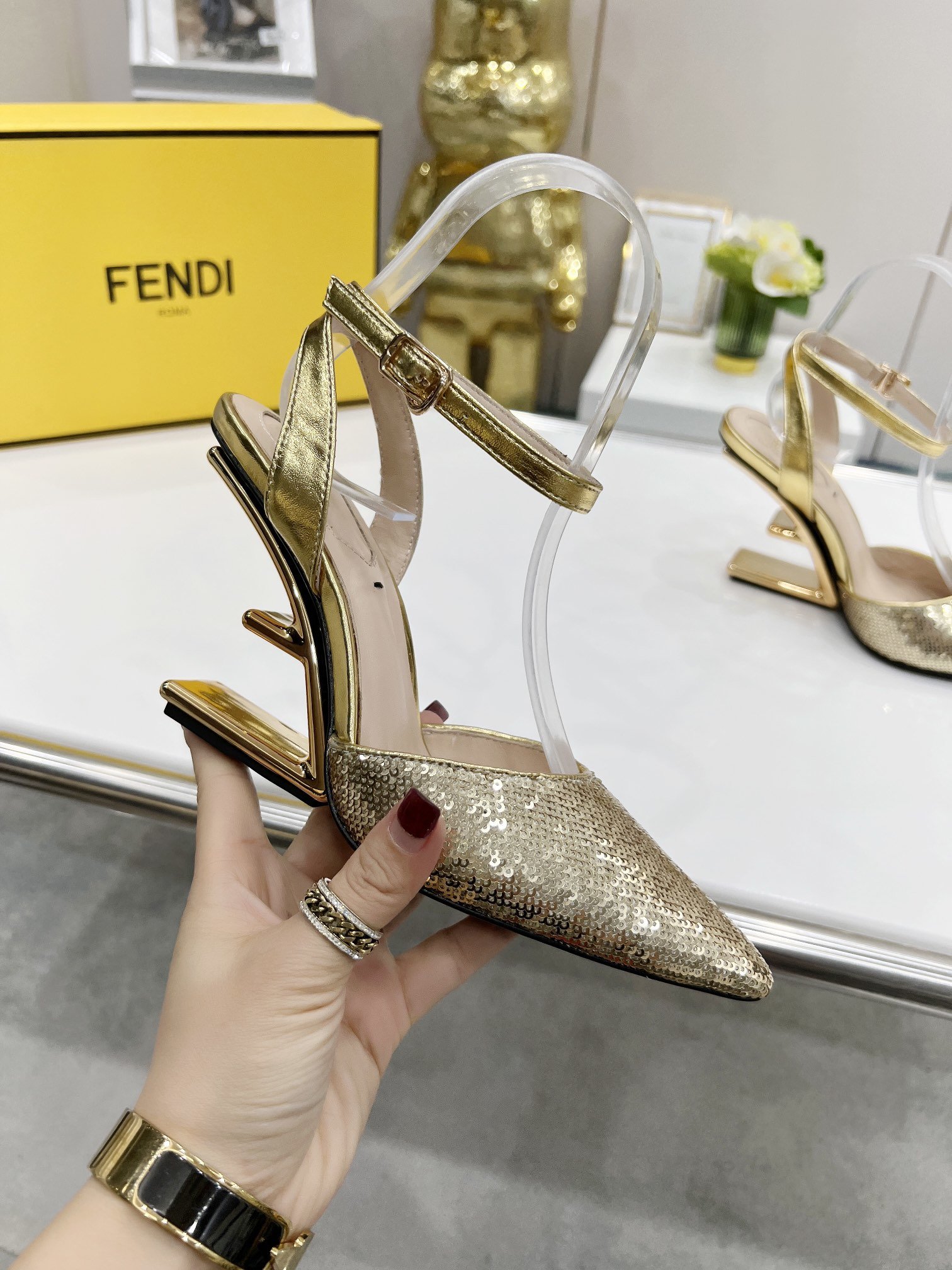 Fendi First Gold Glitter High-Heeled Slingbacks For Women - DAAXIO