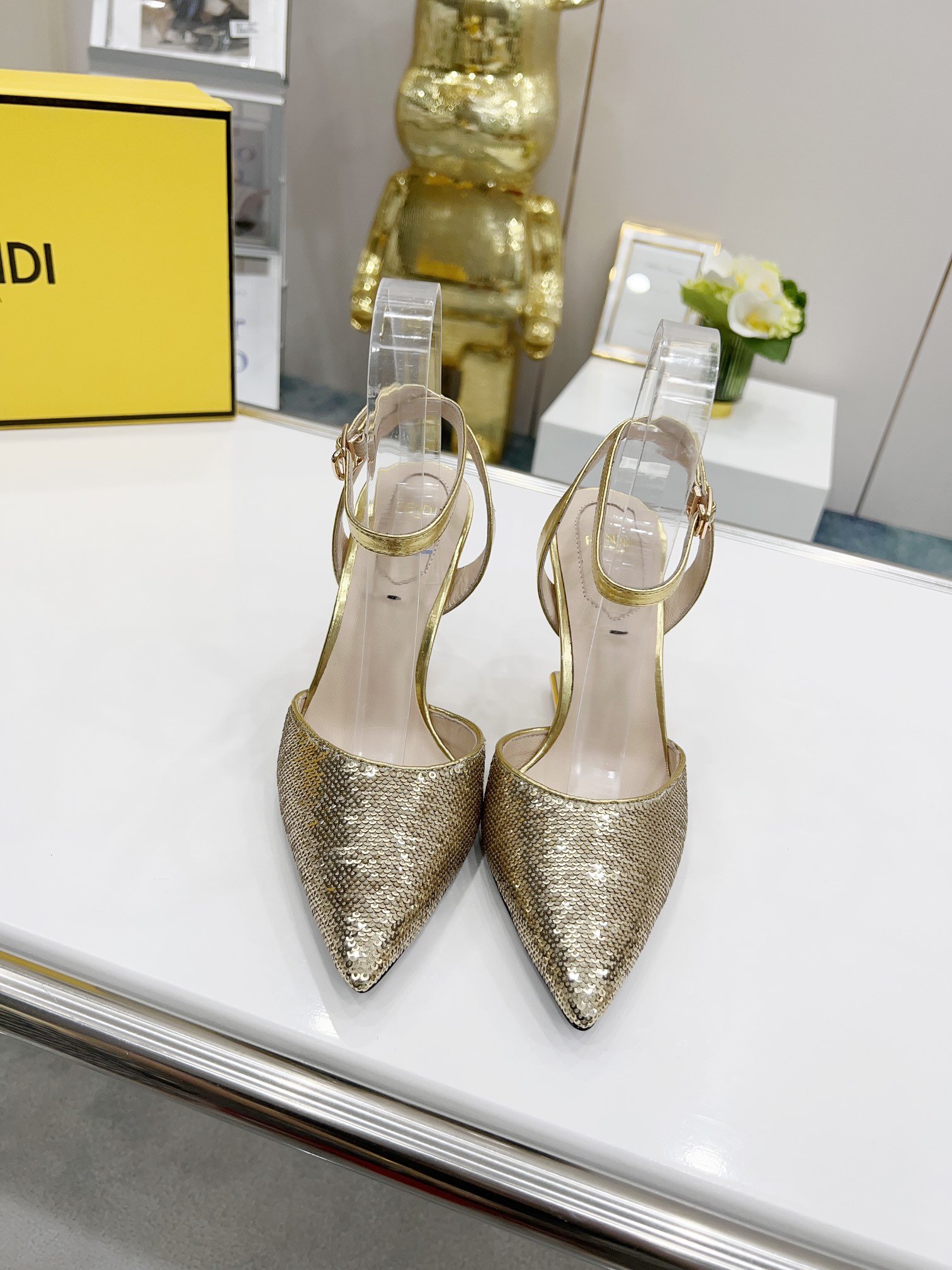 Fendi First Gold Glitter High-Heeled Slingbacks For Women - DAAXIO